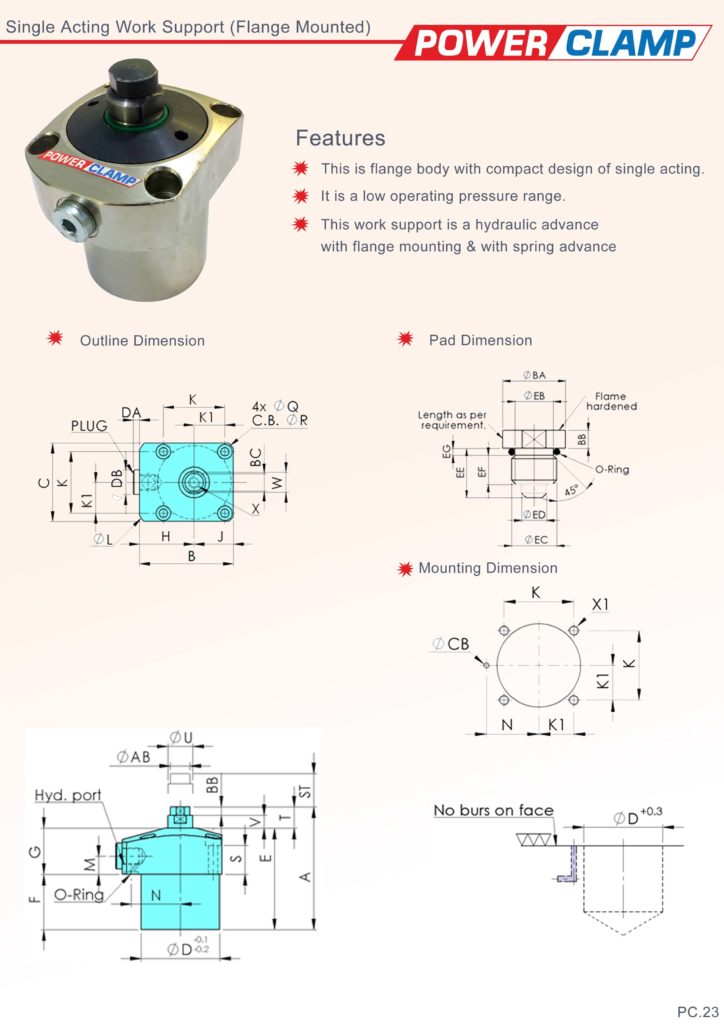 SINGLE ACTING WORK SUPPORT (FLANGE MOUNTED) - Powerclamp